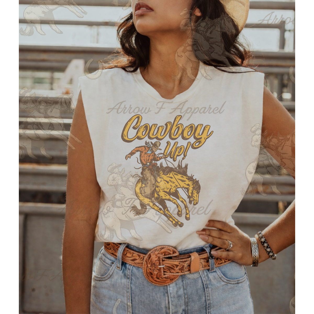 Cowboy Up| Western Graphic Muscle Tank (Faded Cream) – Arrow F Wholesale